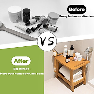 Y&M 2-Tier Bathroom Shower Bench with Waterproof Storage Shelf, HDPE Towel & Shower Head Shelves Curved Seat, Small Tub Chair for Shaving Legs Foot Stool, Bath, Spa, Indoor or Outdoor Use, Teak