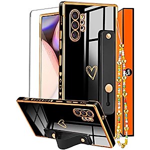 Likiyami (3in1 for Samsung Galaxy Note 10 Plus Case Heart Women Girls Cute Girly Aesthetic Trendy Luxury Pretty with Loop Phone Cases Black and Gold Plating Love Hearts Cover+Screen+Chain -6.8 inch