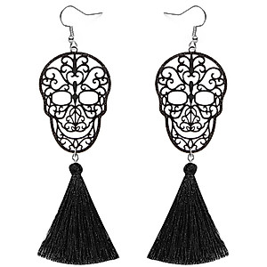 Halloween Skull Tassel Drop Dangle Earrings Black Women Girls' Handmade Punk Gothic Skeleton Fashion Statement Jewelry Lightweight Dead Day Cosplay Costume Party Favor Gift