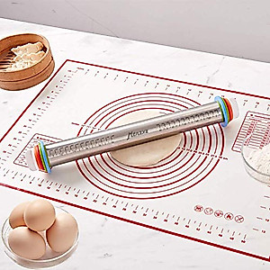 Rolling Pin and Silicone Baking Pastry Mat Set, Stainless Steel Dough Roller, Rolling Pins with Adjustable Thickness Rings, for Baking Dough, Pizza, Pie, Pastries, Pasta, Cookies