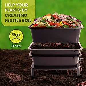 LEOPERIS - 4 Tray Worm Compost Bin - Worm Composting Basic Kit - Composter Farm Factory for Recycling Food Waste - Indoor or Outdoor Use - with Compost Turning Fork