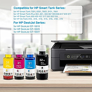 Topcolor Compatible Ink Bottle Replacement for HP 31 32XL Ink for HP Smart-Tank 7301 6001 7602 5101 7001 Plus 551 651 455 457 450 All-in-One Ink-Tank Printer, 165mL Black, 100mL Cyan Magenta Yellow