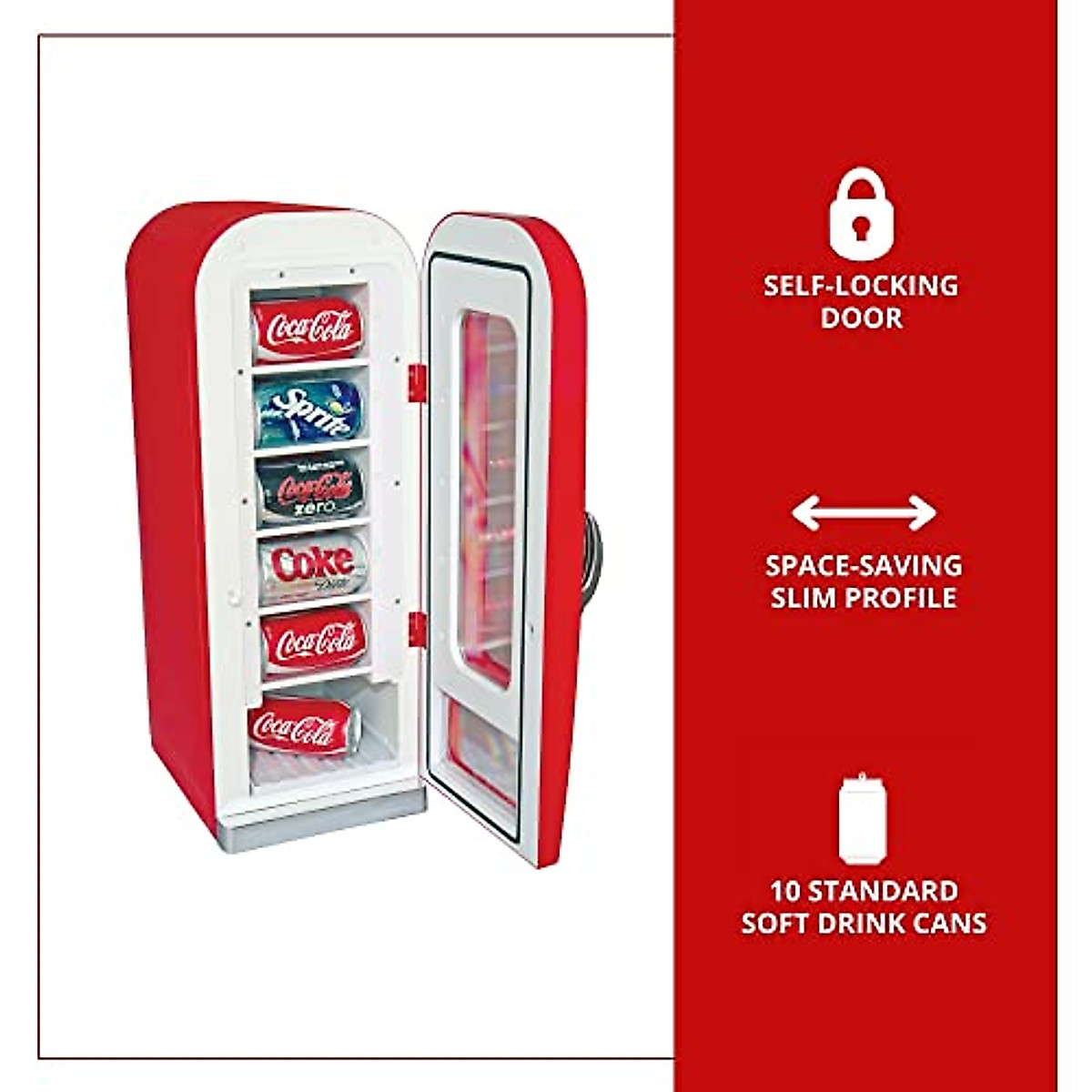 Coca-Cola Retro Vending Machine Style 10 Can Mini Fridge with Display Window, AC/DC Portable Beverage Cooler for Soft Drink Cans, Includes 12V and AC Cords, for Home Office Dorm Cottage, Red