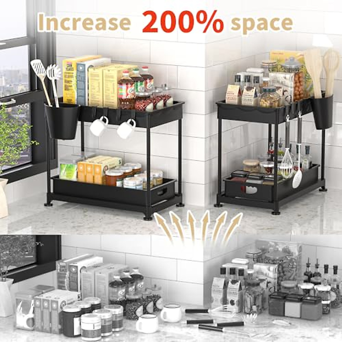 NUTSAAKK 2 Tier Under Sink Organizers and Storage, Upgraded Bathroom Organizer Under Sink, Kitchen Cabinet Organizer with Sliding Drawer, Kitchen Sink Organizer Black,for Women, Mothers Day