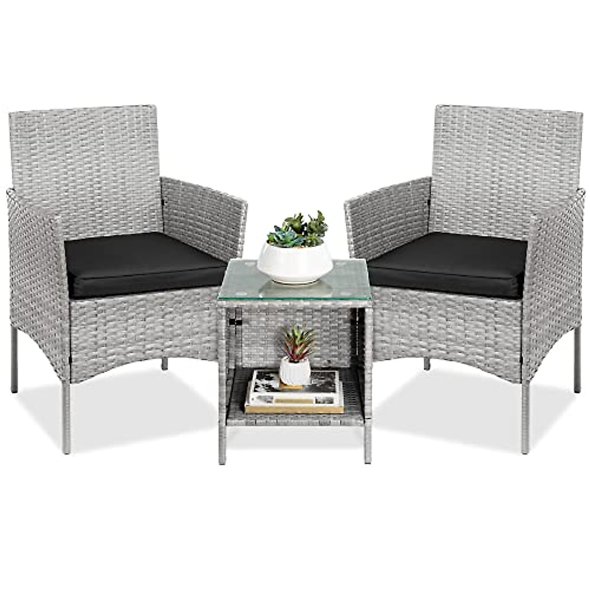 Best Choice Products 3-Piece Outdoor Wicker Conversation Bistro Set, Space Saving Patio Furniture for Yard, Garden w/ 2 Chairs, 2 Cushions, Side Storage Table - Gray/Black