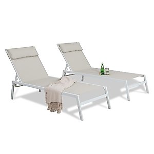 PATIO TREE 2 PCS Patio Full Flat Chaise Lounges Outdoor Steel Recliner Lounge Chairs with Four-Position Adjustable Backrest, Beige