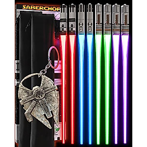 LIGHTSABER CHOPSTICKS LIGHT UP STAR WARS CHOPSTICK LED Glowing Light Saber Chop Sticks REUSABLE Sushi Sabers Cool Fun Geeky STARWARS Chop Stick Set 4 PAIRS FREE Keychain Bottle Opener & Pouch Gift Box