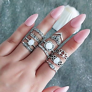 SEniutarm Engagement Love Rings Wedding Bands 11Pcs Women Jewelry Set Faux Opal Rhinestone Knuckle Stacking Joint Rings Band for Women/Girl Finger Rings DIY Jewelry Gifts - Antique Silver