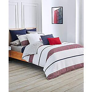 Lacoste 3-Piece Milady Cotton Duvet Cover Set, Reversible Stripes, Red, Full/Queen