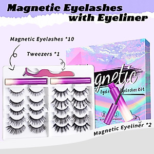 Magnetic Eyelashes with Magnetic Eyeliner Kit, 3D Natural Look False Eyelashes, Reusable Magnetic Lashes with Eyeliner and Tweezers, No Glue(10 Pairs)
