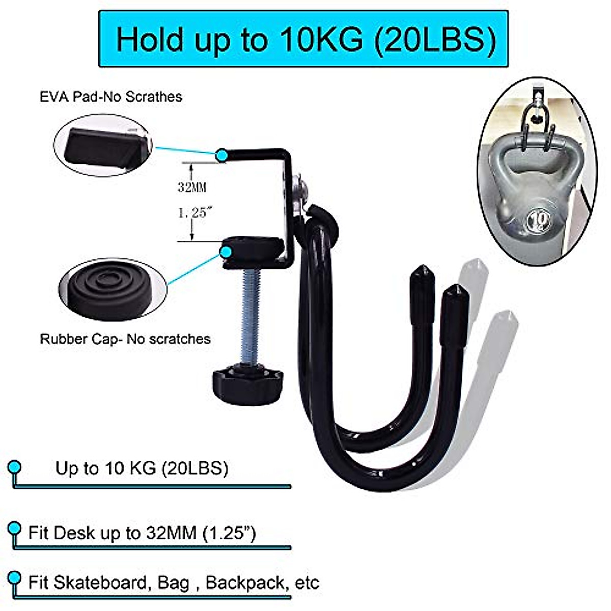 YYST Desk Store Clamp-On Skateboard Holder/Skateboard Hook/Mini Cruiser Hanger | Provides a Convenient Place to Hang Skateboard or Longboard to Reduce Clutter (20 lb. Capacity)- No Board (2)