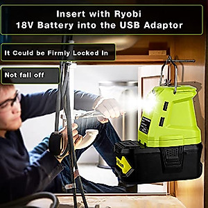 P743 USB Battery Adapter Portable Power Source with 420LM LED Work Light with Hook,Dual USB Phone Charger,Multifunction USB Adaptor Compatible with Ryobi 18V One+ Lithium-ion Battery P107 P108