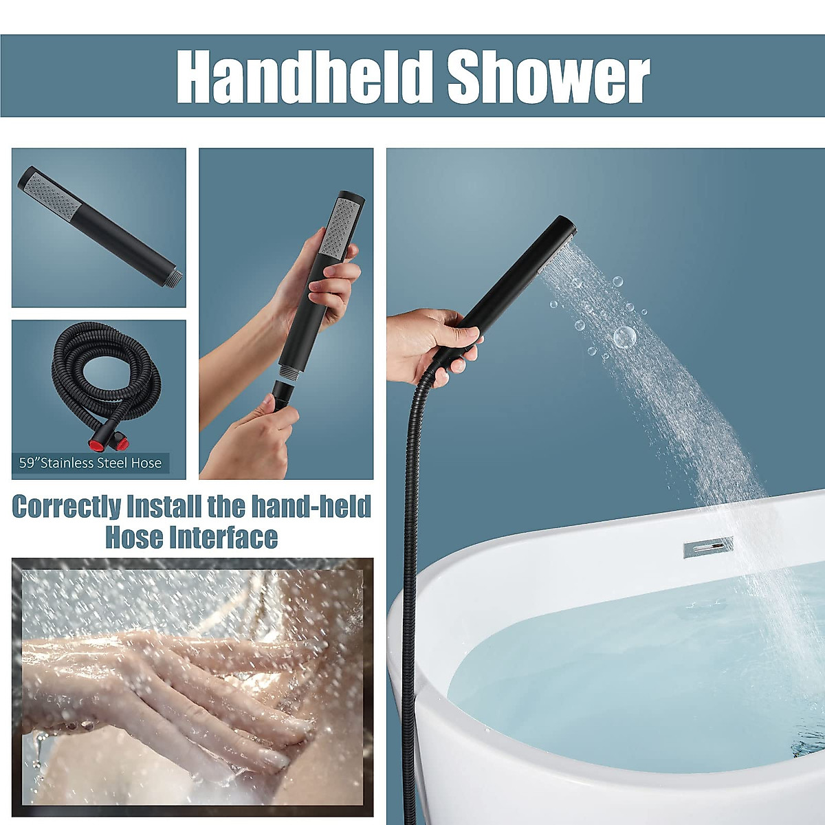 Aolemi Floor Mount Bathtub Faucet Freestanding Tub Filler Standing High Flow Shower Faucets Shower Mixer Taps Swivel Gooseneck Spout with Cylinder Handheld Matte Black