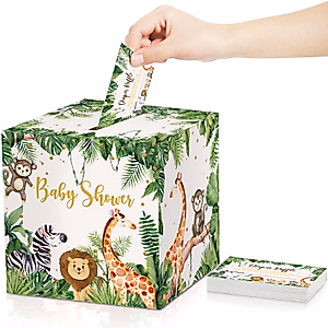 51 Pieces Woodland Baby Shower Card Box and Advice Cards, Diaper Raffle Game Box Tickets, Animals Safari Creatures Party Decorations for Baby Shower, Birthday, Gender Reveal (Jungle Animal Theme)