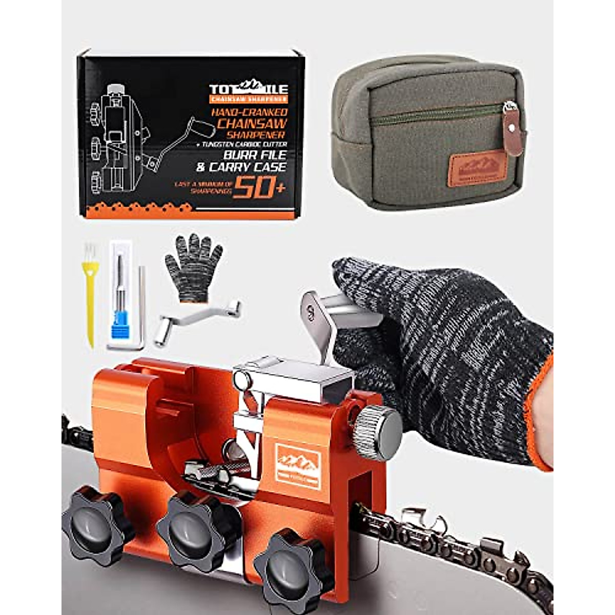 totile Chainsaw Sharpener, Hand-Cranked Chainsaw Sharpening Jig with Tungsten Steel Sharpening Burr and Carry Bag, Perfect Sharpening Kit for 8-22 inches Kinds of Chain Saws and Electric Saws