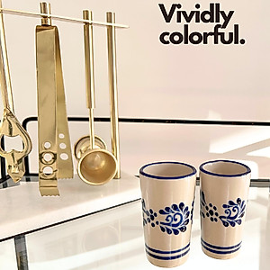 Casa Fiesta Designs Mexican Shot Glasses, Hand-painted in Mexico - Great for Tequila, Mezcal and Sangrita, 2 oz set of 2 - Tequilero Classic Blue Flores Lineas Abajo