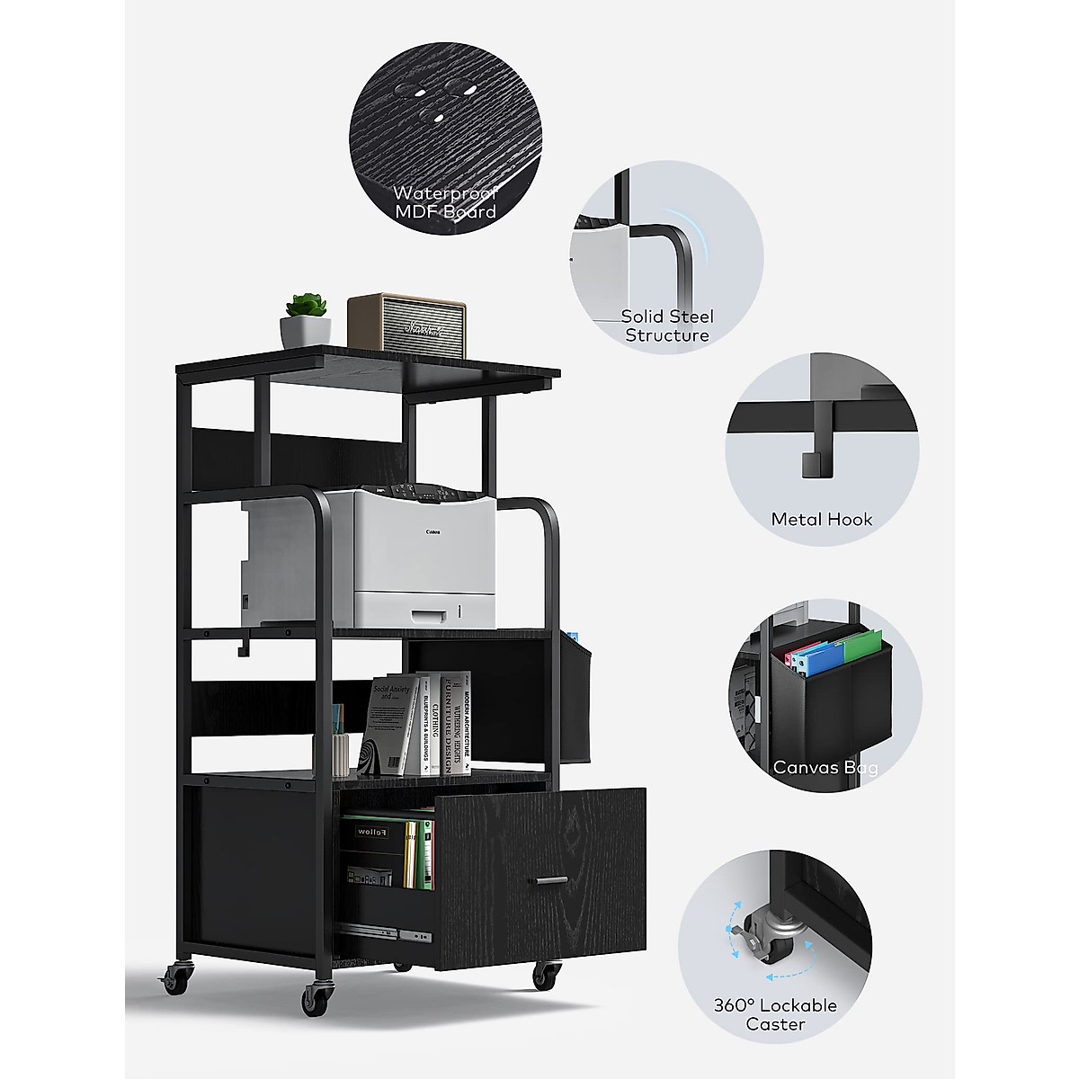 Gizoon 42'' Home Office Printer Stand with Storage Drawer, 3 Tier Large Tall Printer Shelf Cart W/Lockabel Rolling Wheels, Versatile - Black