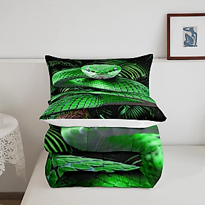 Snake Comforter Set Twin, Green Snake Duvet Insert, 3D Reptile Bedding Comforters, Green Scales Wild Animal Quilt Set Rainforest Palm Leaf Stylish Quilted Duvet For Kids Boys Teens Man Bedroom Decor