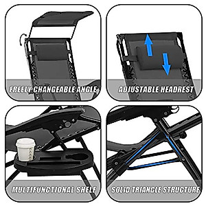 Vnewone Zero Gravity Folding Outdoor Anti Reclining Lounge Deck Foldable Yard with Pillow Cup Holder and Canopy, Black