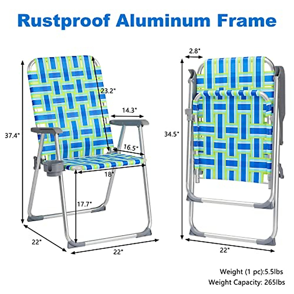 VINGLI Aluminum Patio Lawn Chairs Folding 1 Pack with Detachable Cup Holder, Webbed Beach Chair Folding Chair Outdoor Portable Camping Chair for Yard, Garden
