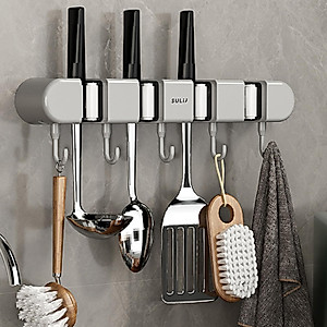 3PCS 4 Racks and 5 Hook Broom Mop Holder with Hooks Wall Mounted Broom Storage Rack No Drilling Self-Adhesive Mop Broom Organizer Mop Holder Hanger for Bathroom Office Kitchen Closet Garage,Gray