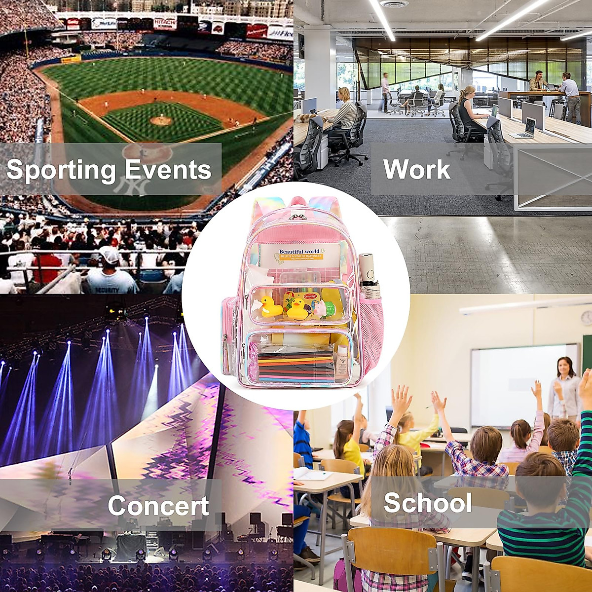 CAMTOP Clear Backpack Heavy Duty PVC Transparent Bag See Through BookBag for Student School Work Festival Sport Travel(Pink Yellow)