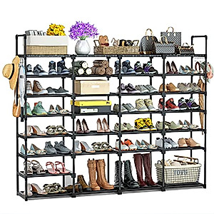 TIMEBAL 8-Tier Shoe Rack, Stackable Shoe Storage Organizer, holds 52-60 Pair Shoes and Boots, Durable Metal Pipes and Plastic Connectors Shoe Shelf Organizer for Entryway, Hallway, Living Room, Black