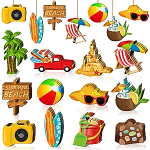 36 Pcs Summer Wood Hanging Ornaments Summer Ornaments for Tree Summer Tree Decorations Hawaiian Beach Wooden Pendant Decorations with String for Luau Party Supplies (Beach)