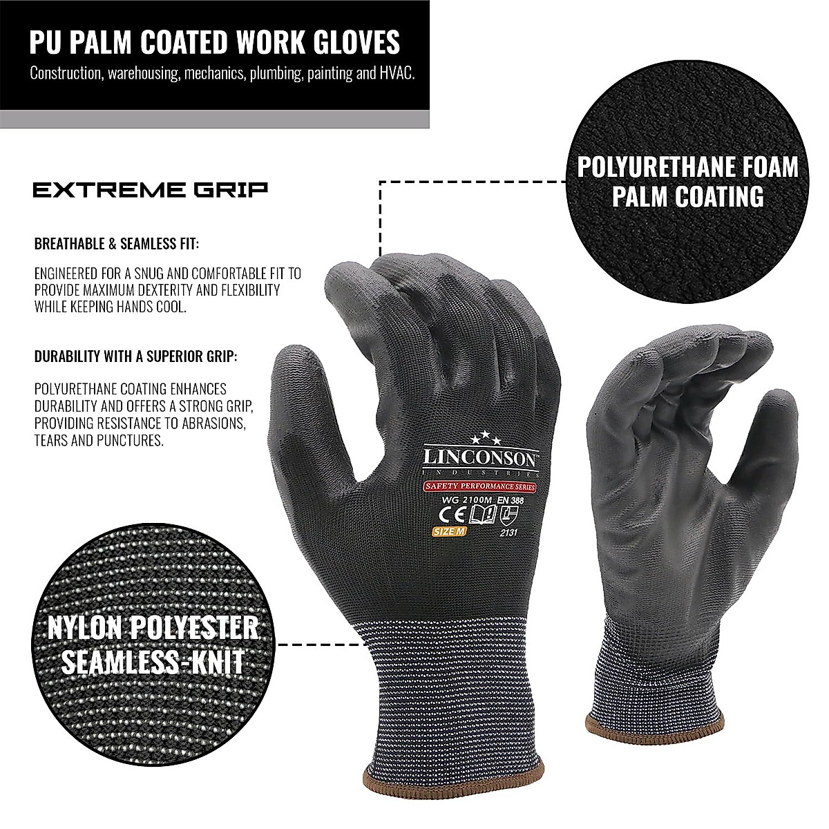 linconson Ultimate Grip Thin & Lightweight Construction Mechanic Work Gloves with PU Palm Coating