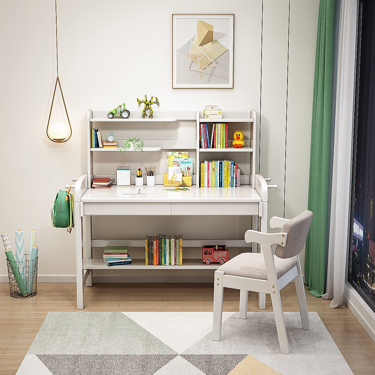 BALANBO Kids Table Kids Desk and Chair Set with Drawer and Bookshelf Wooden Children’s Media Desk Student's Study Computer Workstation and Writing Table (Brown)