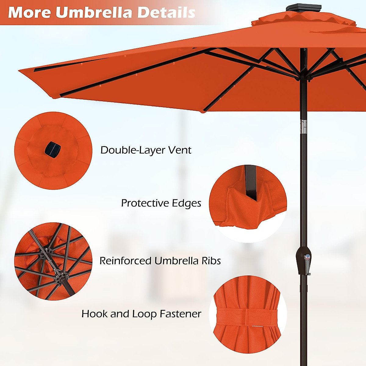Giantex 9ft Outdoor Patio umbrella with Solar Lights, Table Market Umbrella with Crank and Push-button Tilt System, Solar LED Lighted Patio Umbrella for Backyard Deck Pool Beach (Orange)