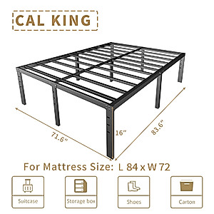 HOBINCHE 16 Inch California King Size Bed Frame - No Box Spring Needed Heavy Duty Black Metal Platform Mattress Foundation, Non-Slip Noise Free Easy Assembly Bedframes with Cleance Storage