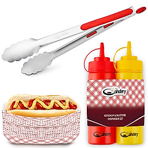 The Candery All-in-One Hot Dog Accessories Set- Ketchup & Mustard Squeeze Bottles - BBQ Tongs - 50 Red/White Hot Dog Trays for Carnivals, BBQs, Picnics, Concession Stands (Tongs,Trays Squeeze Bottles)