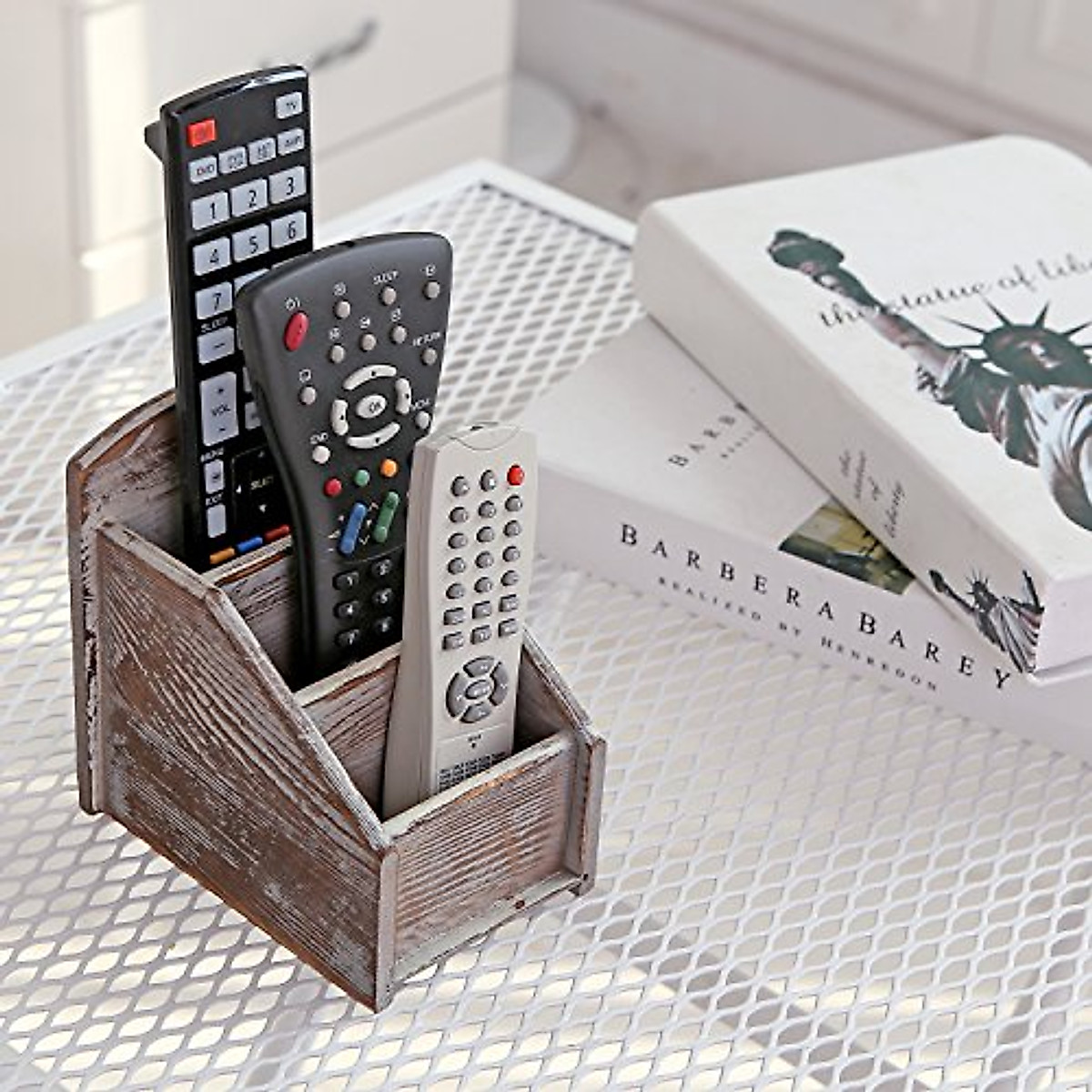 MyGift Rustic Torched Wood Remote Control Holder for Table, 3 Slot Multipurpose Organizer Storage Caddy