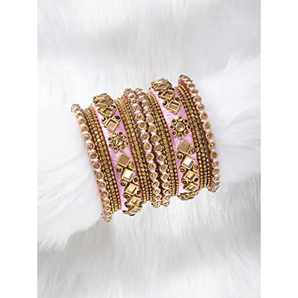 Aheli Ethnic Handmade Silk Thread Faux Stone Studded Bangle Set Chuda Indian Wedding Wear Fashion Jewelry for Women (Light Pink)
