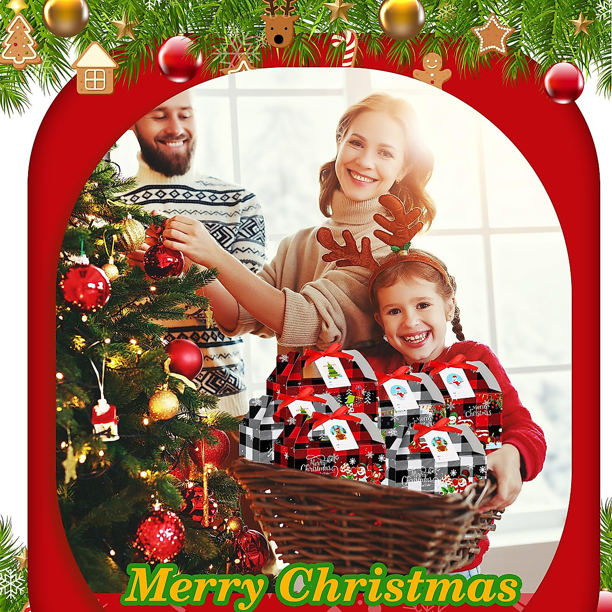 Zhanmai 100 Pieces Bulk Christmas Gift Boxes Gable Candy Boxes Buffalo Plaid Xmas Treat Boxes with Gift Tag and Ribbon 3D Cardboard Goodie Boxes for Gift Giving Christmas Party Favor(Red and White)