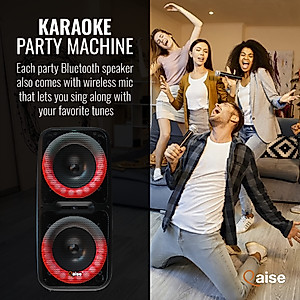 QAISE Portable Bluetooth Speaker & Karaoke Machine - Portable PA System with Wireless Mic, Professional Dual 10” Subwoofer with Lights, 7h Play time, 5000 Watts Peak Power - SonicBoomer X-BASS