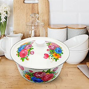 Angoily Enamel Mixing Bowl with Lid Flower Large Salad Bowl Enamelware Washing Basin Chinese Style Soup Bowls Vintage Serving Bowl for Ramen Asian Dishes Cereal Rice Noodle