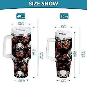 Slewiaeky Tumbler with Handle 40 oz Skull Butterfly Orange Travel Mug with Lid and Straw Stainless Steel Vacuum Insulated Water Bottle Cup for Iced Tea Coffee Cold Beverages Cup Holder Friendly