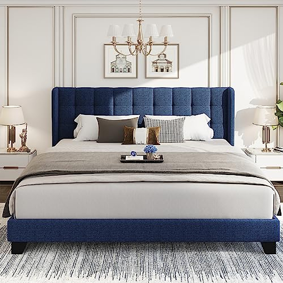 WEEWAY Queen Size Wingback Upholstered Platform Bed Frame, Box-Tufted Headboard, Wooden Slats, No Box Spring Needed, Easy Assembly, Dark Blue
