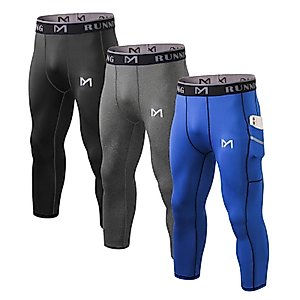 MEETYOO Men's 3/4 Compression Pants with Pockets, Black+Grey+Blue, XX-Large