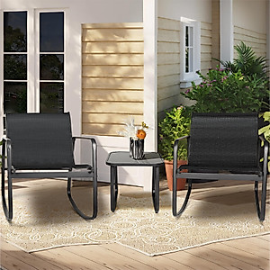 Patiomore 3 Pieces Outdoor Rocking Chairs, Patio Bistro Furniture Black Wicker Chair Set with Tempered Glass Table and Thick Dark Blue Cushion