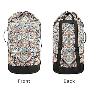 MNSRUU Washable Laundry Bag Backpack Large Dirty Clothes Bag with Adjustable Shoulder Strap Handles, Indian Floral Paisley Extra Laundry Heavy Duty Drawstring Bag for Travel College Grey Camping