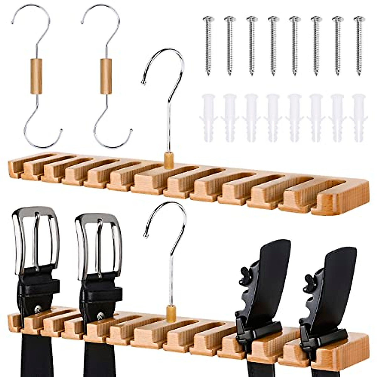 2 Pack Belt Hanger for Closet 2 in 1 Wooden Belt Organizer Wall Mount Belt Holder Storage Belt Rack Display Tie Rack Hooks with Through-The-Wall Nails/360°Swivel Hook Belt Holder for Closet Wall Door