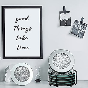 7 Pcs Glass Mirrored Coaster Holder Set, 6 Pcs Silver Crushed Crystal Coasters with Holder for Drinks Glitter Crushed Diamond Decor on Tabletop for Home Kitchen Table Bar Accessories (Round)