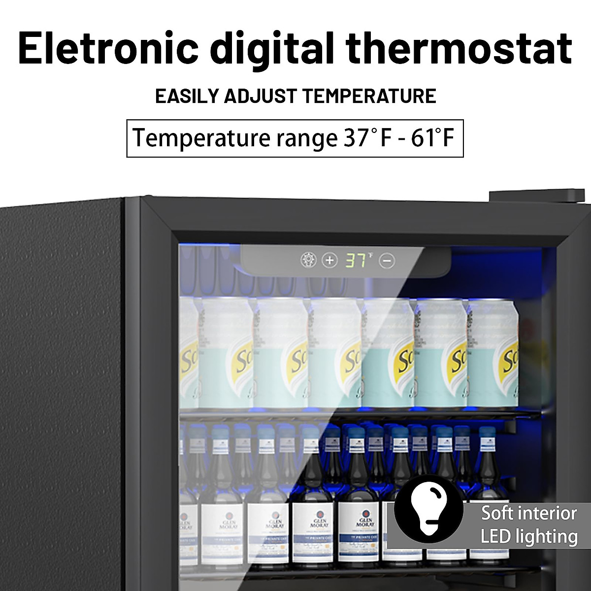 DOGHLY 1.6 Cu.ft Beverage Refrigerator Cooler, 70 Can Mini Fridge with Glass Reversible Door, Digital Temperature Display for Soda, Beer or Wine For Office or Bar with Adjustable Removable Shelves