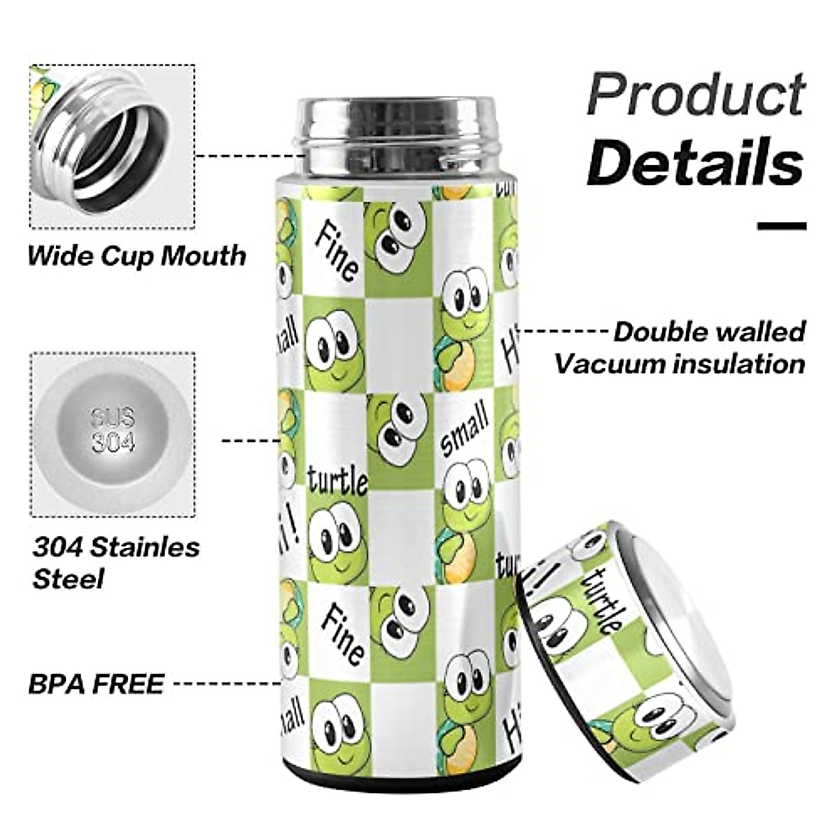 CaTaKu Funny Turtle Checkered Water Bottle Insulated 16 oz Stainless Steel Flask Thermos Bottle for Coffee Water Drink Reusable Wide Mouth Vacuum Travel Mug Cup