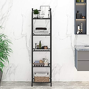 FKUO 5 Tier Bathroom Storage Open Shelf Unit, Free-Standing Metal Corner Rack Shelving for Kitchen, Living Room, Hallway (Black, 5 Tier)