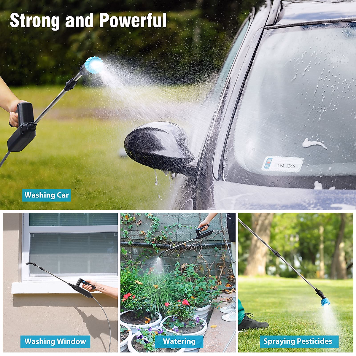 SideKing Battery Powered Sprayer Wand, 23.6inch Electric Sprayer Telescopic Watering Wand with 16.4FT Hose, Rechargeable and Portable Spray Wand for Gardening (3 Nozzles)
