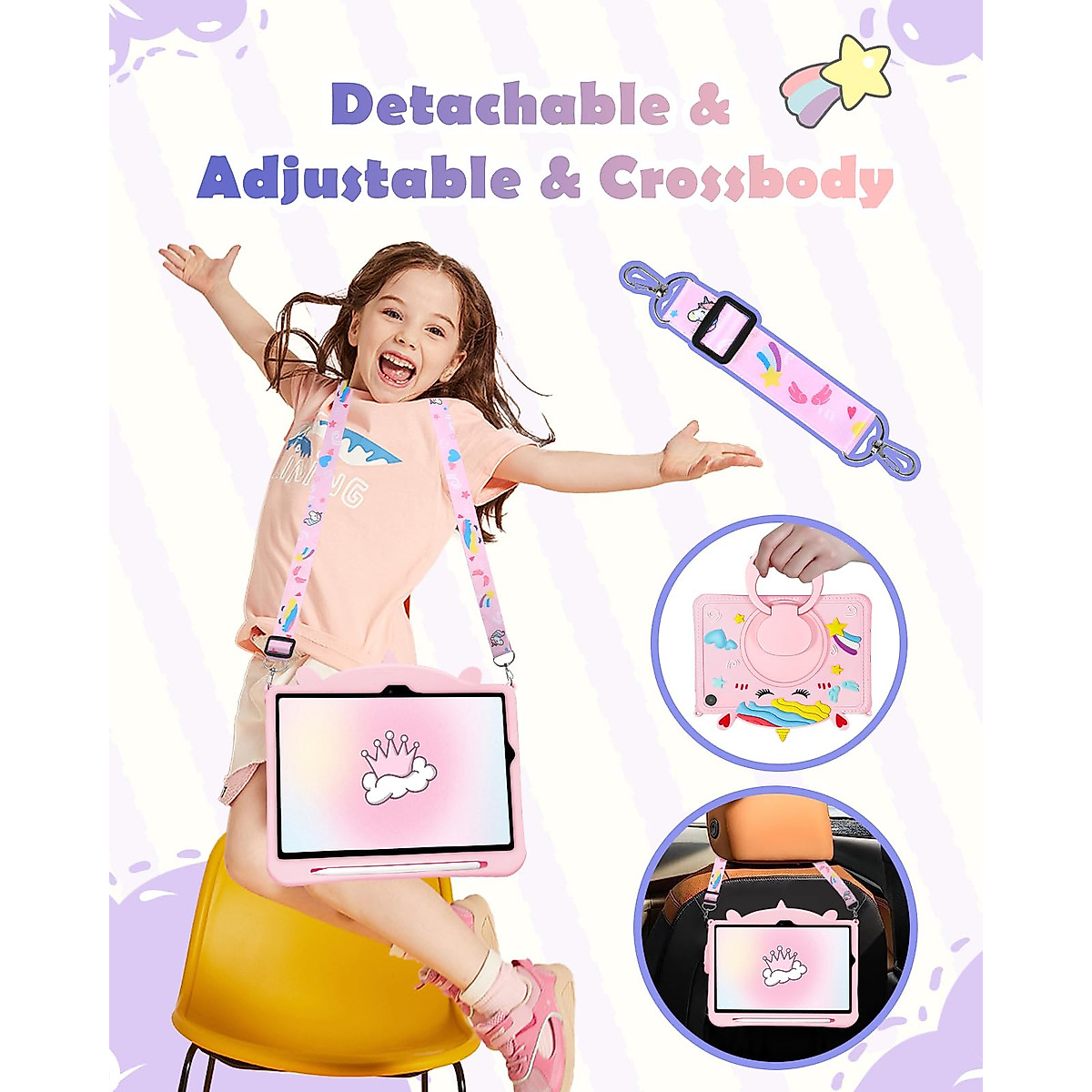 Gurgitat for Galaxy Tab A8 Cases - with Pen Holder Cute Cartoon Unicorn Silicone Cover with Rotating Stand & Strap Girly Teens Girls for Samsung Galaxy Tablet A8 10.5" Cases
